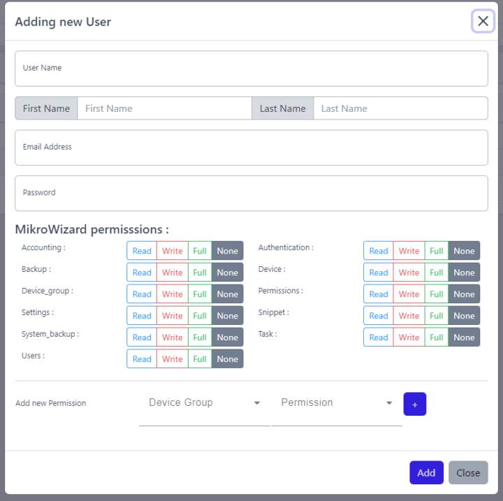 Add New User in MikroWizard - MikroWizard | Mikrotik management solution