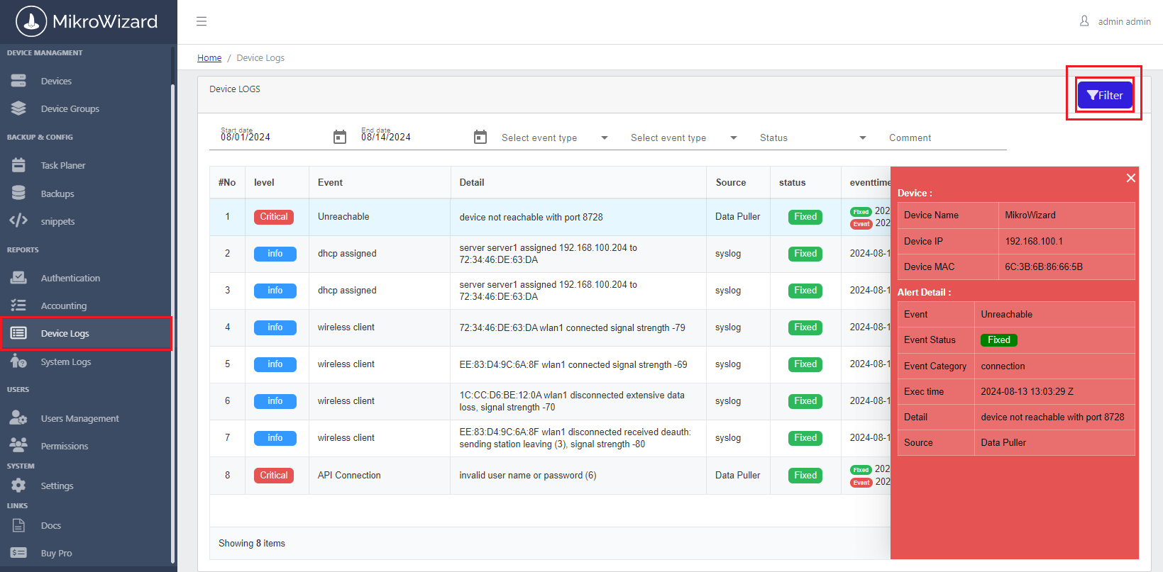 Device Logs - MikroWizard | Mikrotik management solution